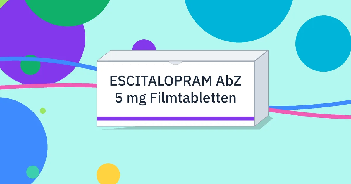 Symbolbild: Packung mit der Aufschrift ESCITALOPRAM AbZ 5 mg Filmtabletten (PZN 10099086) – Verfügbarkeit und Bezug in Apotheken in Frankfurt am Main
