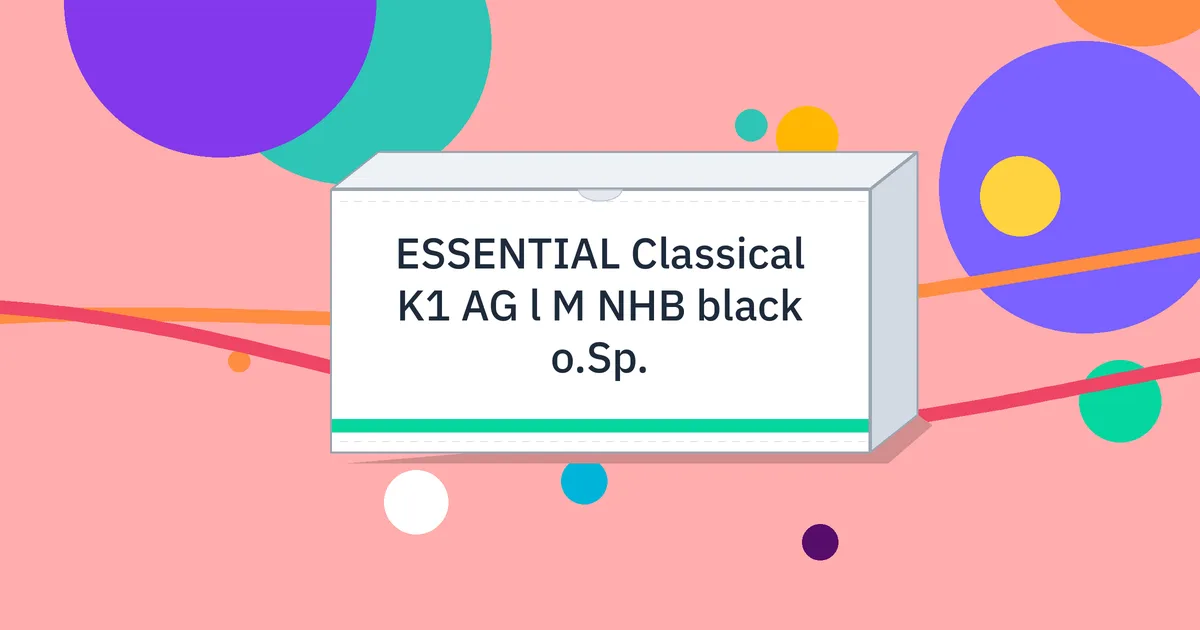 Symbolbild: Packung mit der Aufschrift ESSENTIAL Classical K1 AG l M NHB black o.Sp. (PZN 17004462) – Verfügbarkeit und Bezug in Apotheken in Frankfurt am Main