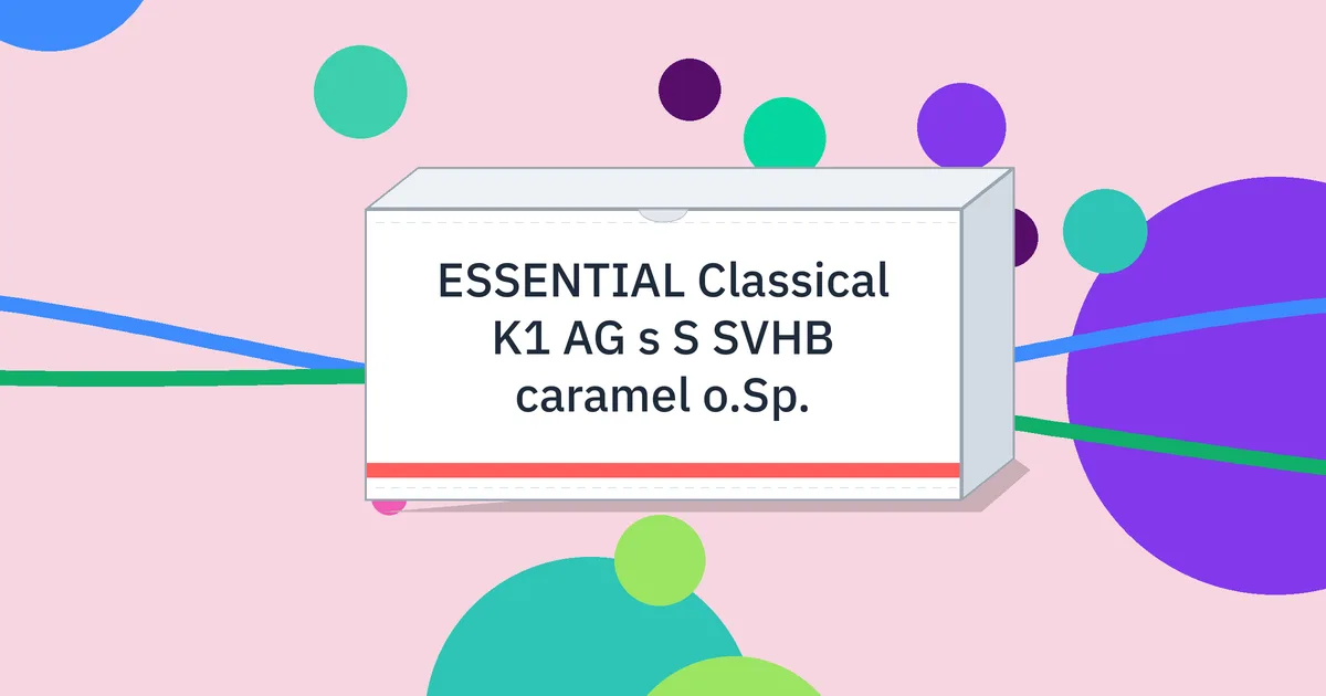 Symbolbild: Packung mit der Aufschrift ESSENTIAL Classical K1 AG s S SVHB caramel o.Sp. (PZN 18420033) – Verfügbarkeit und Bezug in Apotheken in Frankfurt am Main