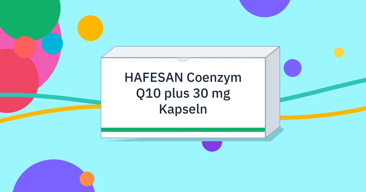 Symbolbild: Packung mit der Aufschrift HAFESAN Coenzym Q10 plus 30 mg Kapseln (PZN 00106135) – Verfügbarkeit und Bezug in Apotheken in Frankfurt am Main