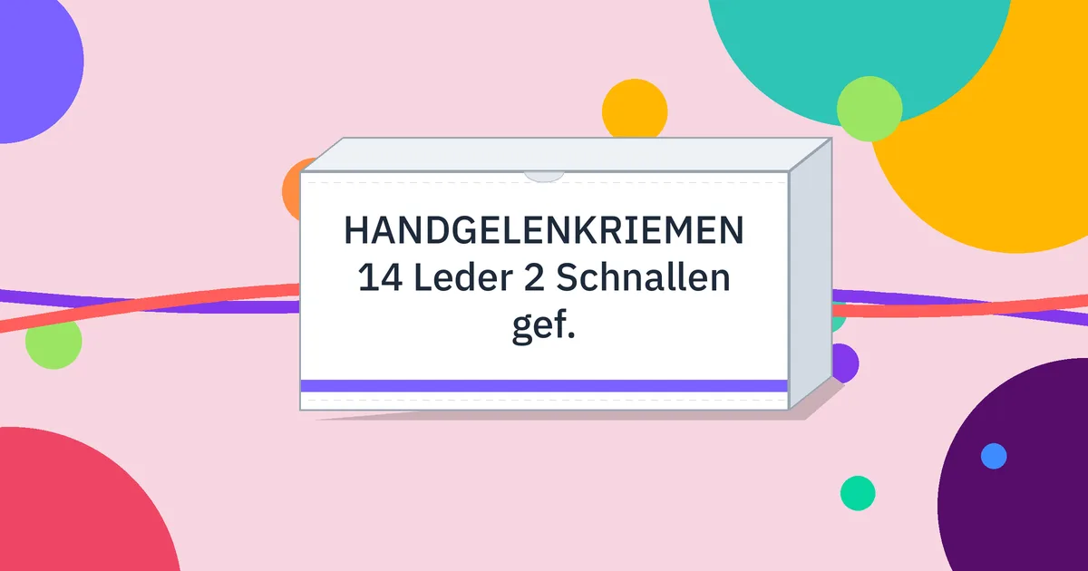 Symbolbild: Packung mit der Aufschrift HANDGELENKRIEMEN 14 Leder 2 Schnallen gef. (PZN 01727431) – Verfügbarkeit und Bezug in Apotheken in Frankfurt am Main