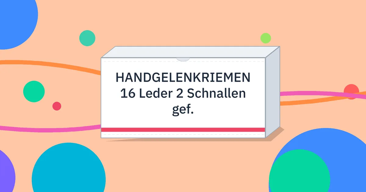 Symbolbild: Packung mit der Aufschrift HANDGELENKRIEMEN 16 Leder 2 Schnallen gef. (PZN 05397344) – Verfügbarkeit und Bezug in Apotheken in Frankfurt am Main