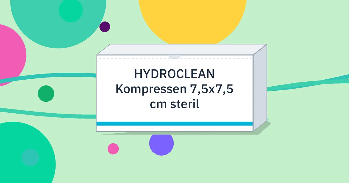 Symbolbild: Packung mit der Aufschrift HYDROCLEAN Kompressen 7,5x7,5 cm steril (PZN 14413941) – Verfügbarkeit und Bezug in Apotheken in Frankfurt am Main