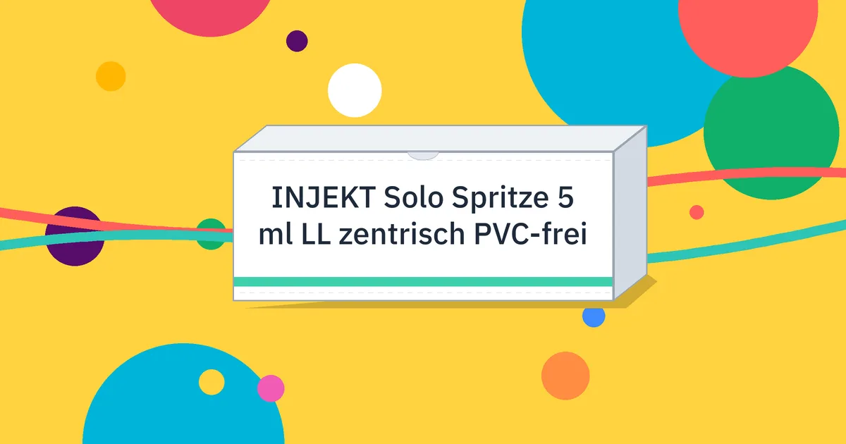 Symbolbild: Packung mit der Aufschrift INJEKT Solo Spritze 5 ml LL zentrisch PVC-frei (PZN 00610974) – Verfügbarkeit und Bezug in Apotheken in Frankfurt am Main