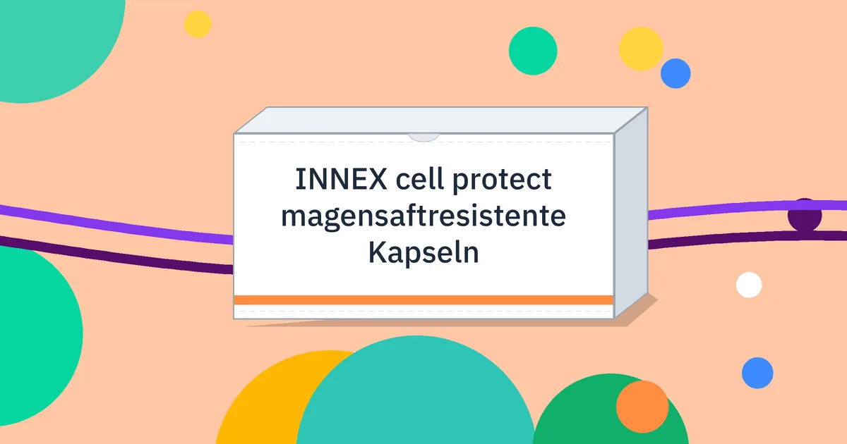 Symbolbild: Packung mit der Aufschrift INNEX cell protect magensaftresistente Kapseln (PZN 13923172) – Verfügbarkeit und Bezug in Apotheken in Frankfurt am Main
