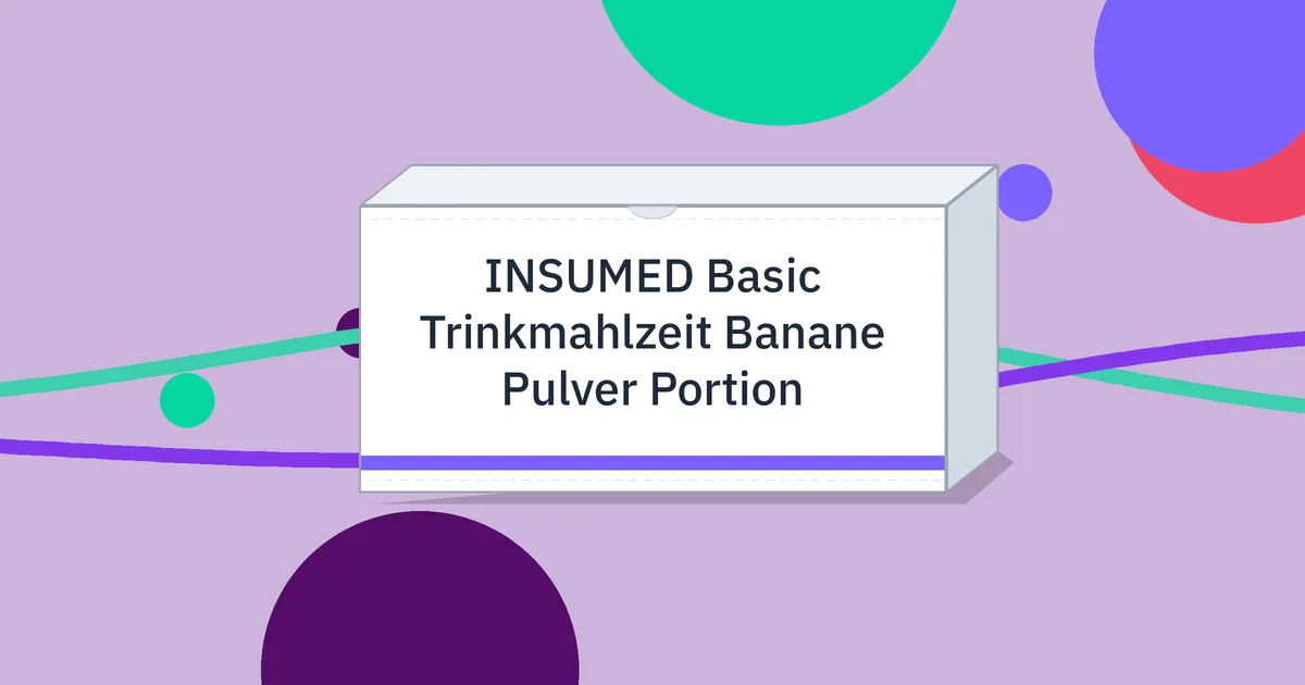 Symbolbild: Packung mit der Aufschrift INSUMED Basic Trinkmahlzeit Banane Pulver Portion (PZN 19922601) – Verfügbarkeit und Bezug in Apotheken in Frankfurt am Main