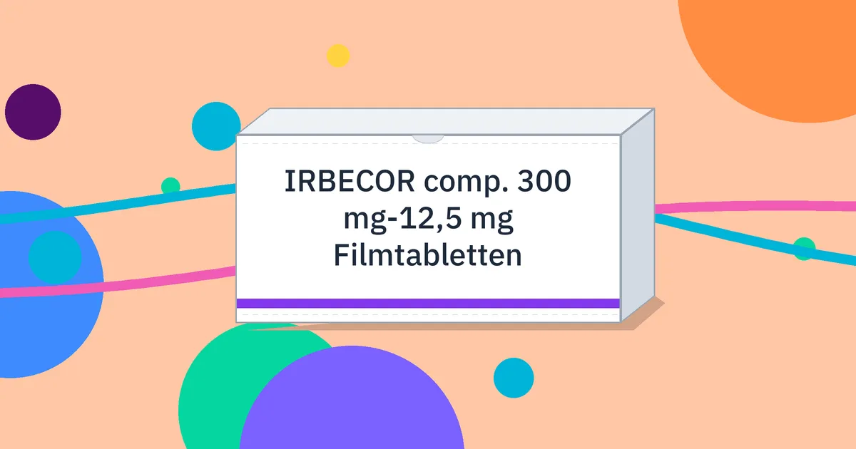 Symbolbild: Packung mit der Aufschrift IRBECOR comp. 300 mg-12,5 mg Filmtabletten (PZN 09765081) – Verfügbarkeit und Bezug in Apotheken in Frankfurt am Main