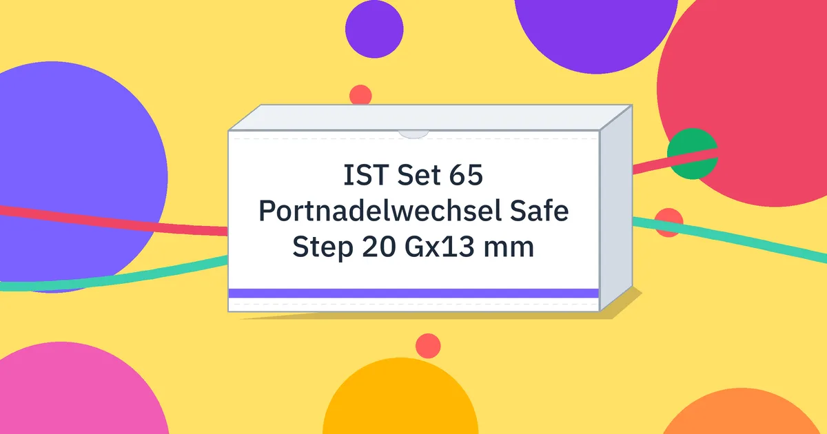 Symbolbild: Packung mit der Aufschrift IST Set 65 Portnadelwechsel Safe Step 20 Gx13 mm (PZN 20601894) – Verfügbarkeit und Bezug in Apotheken in Frankfurt am Main