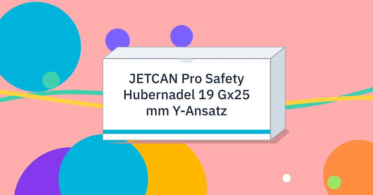 Symbolbild: Packung mit der Aufschrift JETCAN Pro Safety Hubernadel 19 Gx25 mm Y-Ansatz (PZN 19421052) – Verfügbarkeit und Bezug in Apotheken in Frankfurt am Main