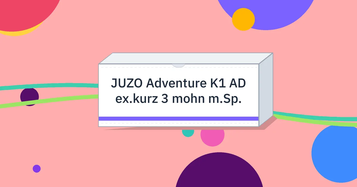 Symbolbild: Packung mit der Aufschrift JUZO Adventure K1 AD ex.kurz 3 mohn m.Sp. (PZN 14977709) – Verfügbarkeit und Bezug in Apotheken in Frankfurt am Main