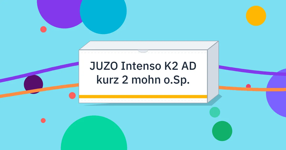 Symbolbild: Packung mit der Aufschrift JUZO Intenso K2 AD kurz 2 mohn o.Sp. (PZN 18618232) – Verfügbarkeit und Bezug in Apotheken in Frankfurt am Main