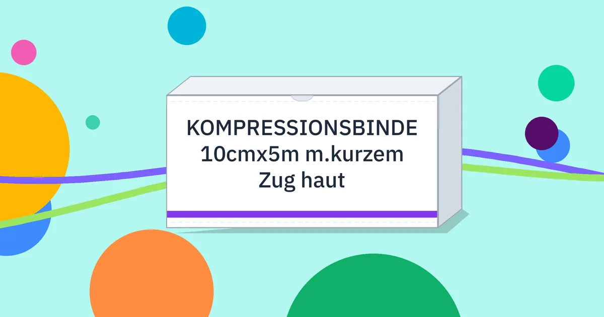 Symbolbild: Packung mit der Aufschrift KOMPRESSIONSBINDE 10cmx5m m.kurzem Zug haut (PZN 04793078) – Verfügbarkeit und Bezug in Apotheken in Frankfurt am Main