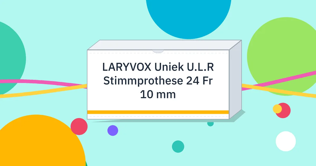 Symbolbild: Packung mit der Aufschrift LARYVOX Uniek U.L.R Stimmprothese 24 Fr 10 mm (PZN 18791462) – Verfügbarkeit und Bezug in Apotheken in Frankfurt am Main