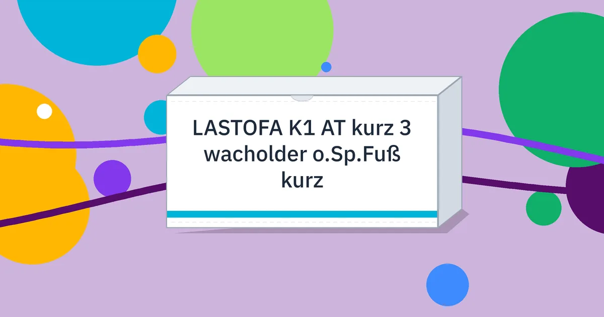Symbolbild: Packung mit der Aufschrift LASTOFA K1 AT kurz 3 wacholder o.Sp.Fuß kurz (PZN 13795946) – Verfügbarkeit und Bezug in Apotheken in Frankfurt am Main