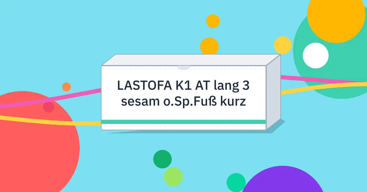 Symbolbild: Packung mit der Aufschrift LASTOFA K1 AT lang 3 sesam o.Sp.Fuß kurz (PZN 13795975) – Verfügbarkeit und Bezug in Apotheken in Frankfurt am Main