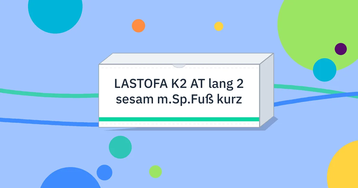 Symbolbild: Packung mit der Aufschrift LASTOFA K2 AT lang 2 sesam m.Sp.Fuß kurz (PZN 13808726) – Verfügbarkeit und Bezug in Apotheken in Frankfurt am Main