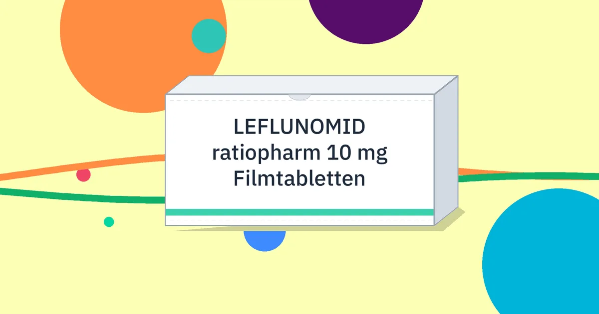Symbolbild: Packung mit der Aufschrift LEFLUNOMID ratiopharm 10 mg Filmtabletten (PZN 06456669) – Verfügbarkeit und Bezug in Apotheken in Frankfurt am Main