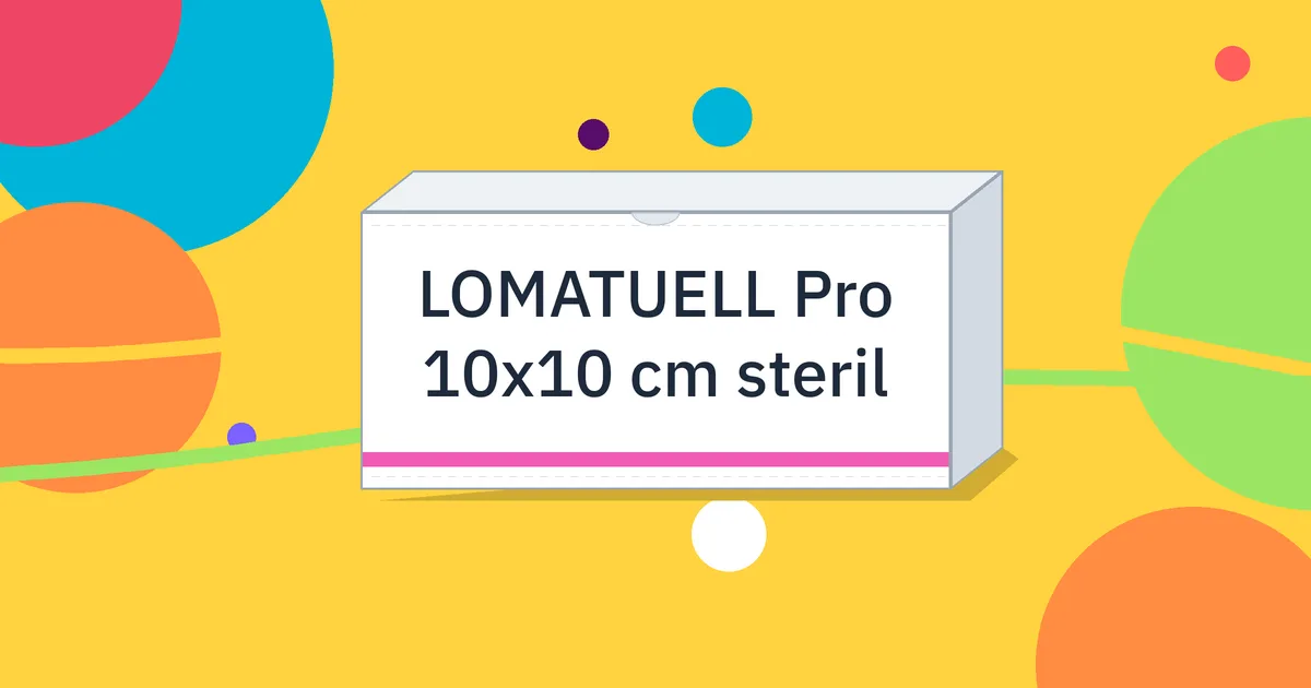 Symbolbild: Packung mit der Aufschrift LOMATUELL Pro 10x10 cm steril (PZN 20403013) – Verfügbarkeit und Bezug in Apotheken in Frankfurt am Main