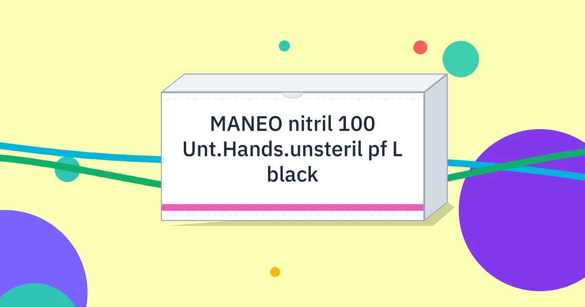 Symbolbild: Packung mit der Aufschrift MANEO nitril 100 Unt.Hands.unsteril pf L black (PZN 19689984) – Verfügbarkeit und Bezug in Apotheken in Frankfurt am Main