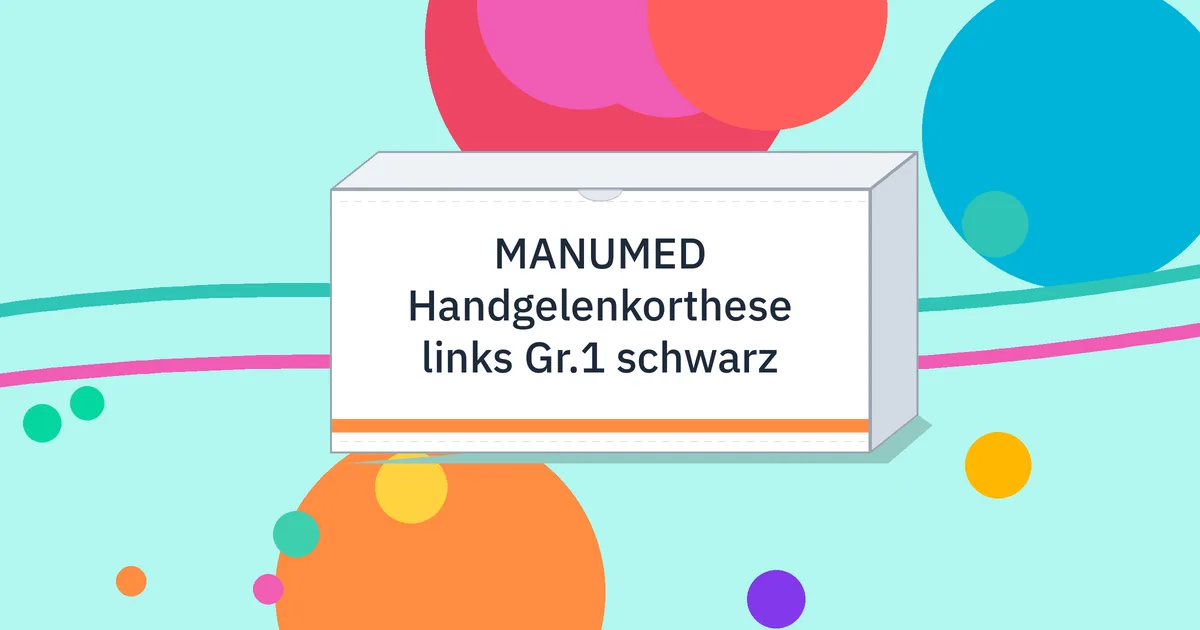 Symbolbild: Packung mit der Aufschrift MANUMED Handgelenkorthese links Gr.1 schwarz (PZN 15314365) – Verfügbarkeit und Bezug in Apotheken in Frankfurt am Main