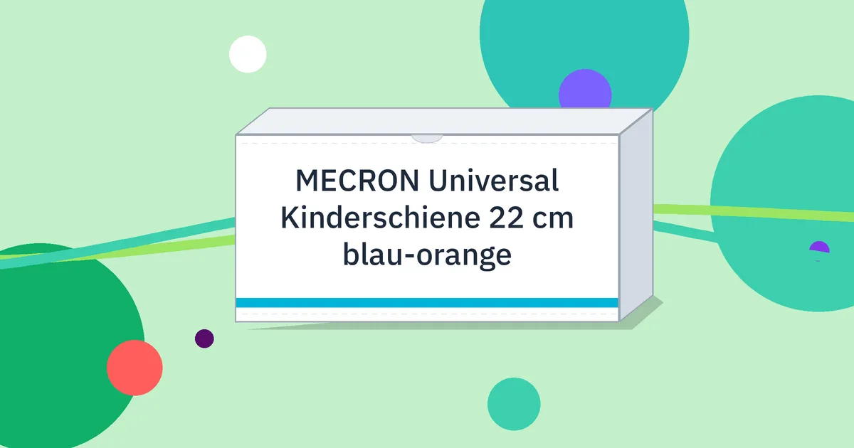 Symbolbild: Packung mit der Aufschrift MECRON Universal Kinderschiene 22 cm blau-orange (PZN 02907684) – Verfügbarkeit und Bezug in Apotheken in Frankfurt am Main