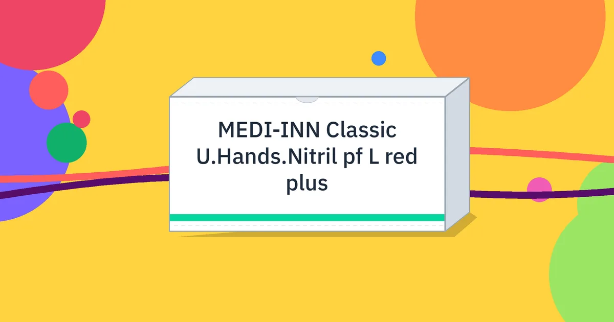 Symbolbild: Packung mit der Aufschrift MEDI-INN Classic U.Hands.Nitril pf L red plus (PZN 18445151) – Verfügbarkeit und Bezug in Apotheken in Frankfurt am Main