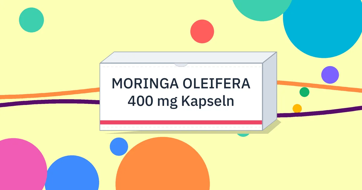 Symbolbild: Packung mit der Aufschrift MORINGA OLEIFERA 400 mg Kapseln (PZN 01569481) – Verfügbarkeit und Bezug in Apotheken in Frankfurt am Main