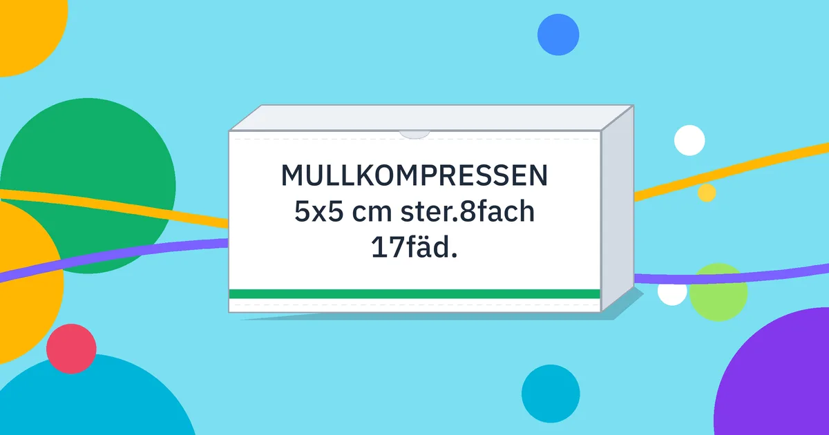Symbolbild: Packung mit der Aufschrift MULLKOMPRESSEN 5x5 cm ster.8fach 17fäd. (PZN 06929168) – Verfügbarkeit und Bezug in Apotheken in Frankfurt am Main