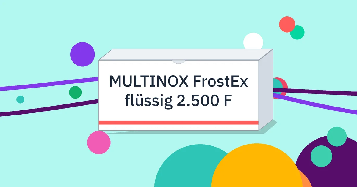 Symbolbild: Packung mit der Aufschrift MULTINOX FrostEx flüssig 2.500 F (PZN 15397055) – Verfügbarkeit und Bezug in Apotheken in Frankfurt am Main