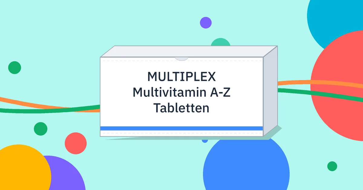 Symbolbild: Packung mit der Aufschrift MULTIPLEX Multivitamin A-Z Tabletten (PZN 01467846) – Verfügbarkeit und Bezug in Apotheken in Frankfurt am Main