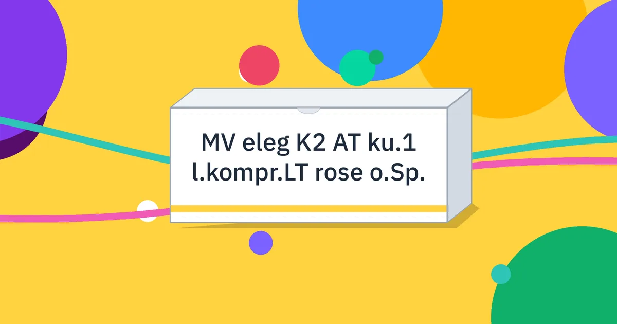 Symbolbild: Packung mit der Aufschrift MV eleg K2 AT ku.1 l.kompr.LT rose o.Sp. (PZN 14691433) – Verfügbarkeit und Bezug in Apotheken in Frankfurt am Main