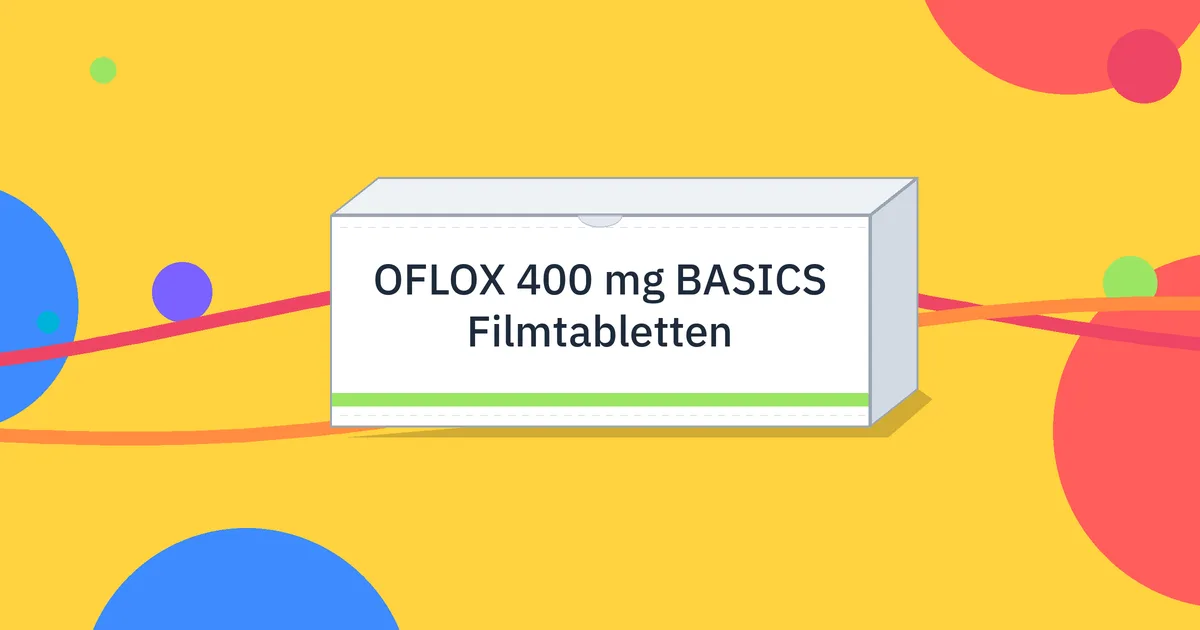 Symbolbild: Packung mit der Aufschrift OFLOX 400 mg BASICS Filmtabletten (PZN 01661761) – Verfügbarkeit und Bezug in Apotheken in Frankfurt am Main