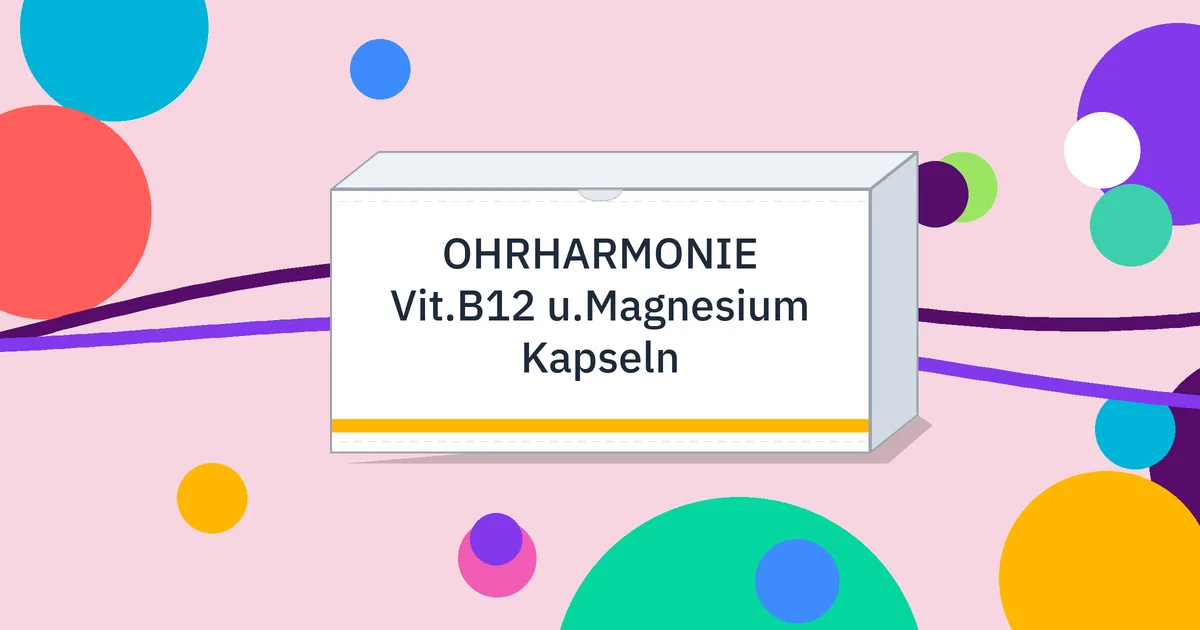 Symbolbild: Packung mit der Aufschrift OHRHARMONIE Vit.B12 u.Magnesium Kapseln (PZN 19396667) – Verfügbarkeit und Bezug in Apotheken in Frankfurt am Main
