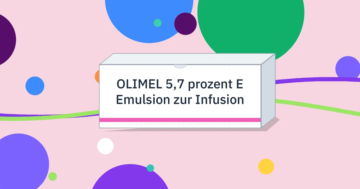 Symbolbild: Packung mit der Aufschrift OLIMEL 5,7 prozent E Emulsion zur Infusion (PZN 05900286) – Verfügbarkeit und Bezug in Apotheken in Frankfurt am Main