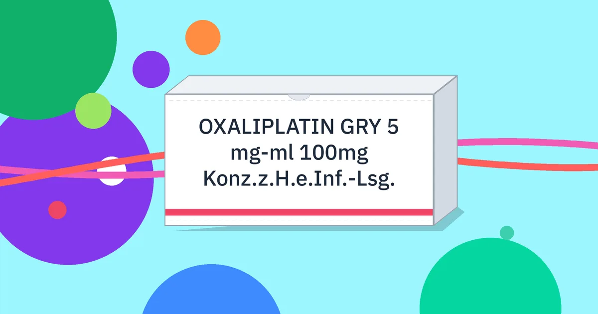 Symbolbild: Packung mit der Aufschrift OXALIPLATIN GRY 5 mg-ml 100mg Konz.z.H.e.Inf.-Lsg. (PZN 05947856) – Verfügbarkeit und Bezug in Apotheken in Frankfurt am Main