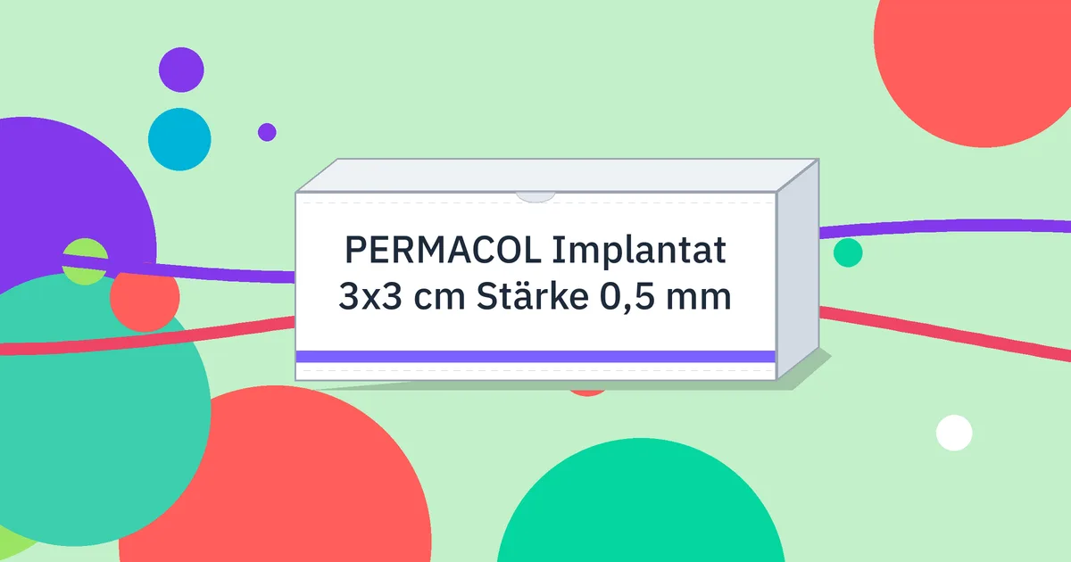 Symbolbild: Packung mit der Aufschrift PERMACOL Implantat 3x3 cm Stärke 0,5 mm (PZN 05869518) – Verfügbarkeit und Bezug in Apotheken in Frankfurt am Main