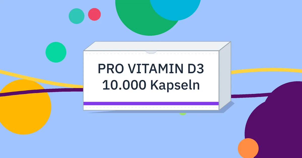 Symbolbild: Packung mit der Aufschrift PRO VITAMIN D3 10.000 Kapseln (PZN 18672792) – Verfügbarkeit und Bezug in Apotheken in Frankfurt am Main
