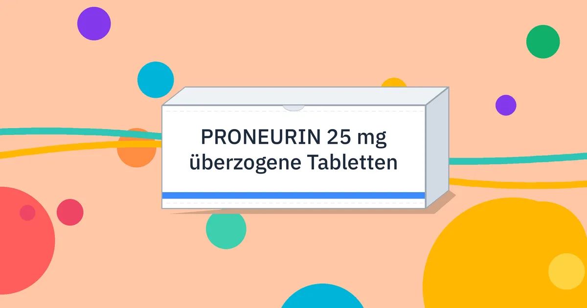 Symbolbild: Packung mit der Aufschrift PRONEURIN 25 mg überzogene Tabletten (PZN 08668358) – Verfügbarkeit und Bezug in Apotheken in Frankfurt am Main