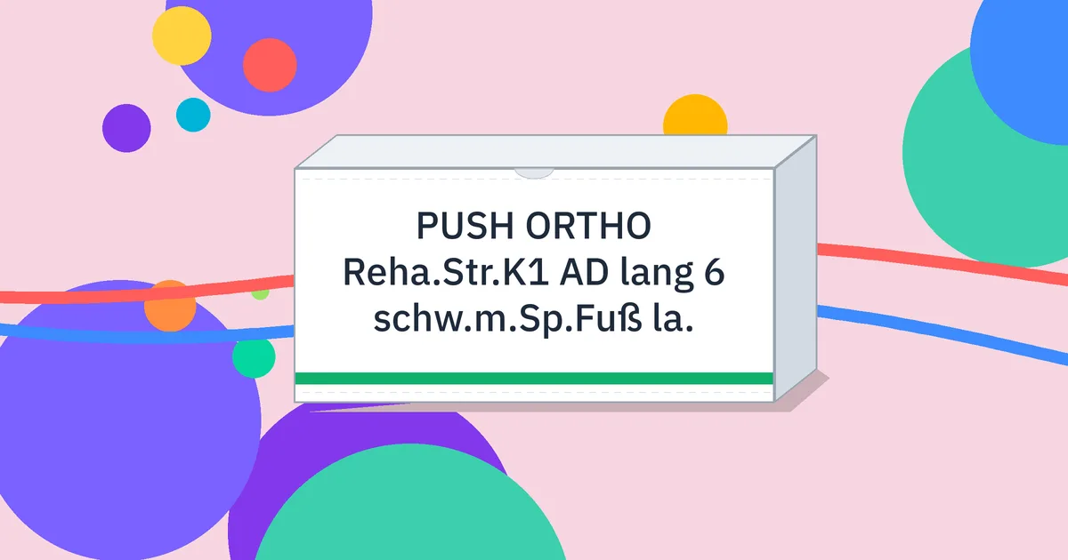 Symbolbild: Packung mit der Aufschrift PUSH ORTHO Reha.Str.K1 AD lang 6 schw.m.Sp.Fuß la. (PZN 19157454) – Verfügbarkeit und Bezug in Apotheken in Frankfurt am Main