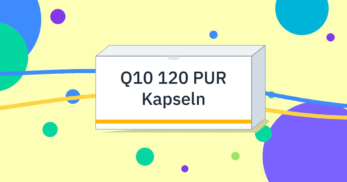 Symbolbild: Packung mit der Aufschrift Q10 120 PUR Kapseln (PZN 20347125) – Verfügbarkeit und Bezug in Apotheken in Frankfurt am Main