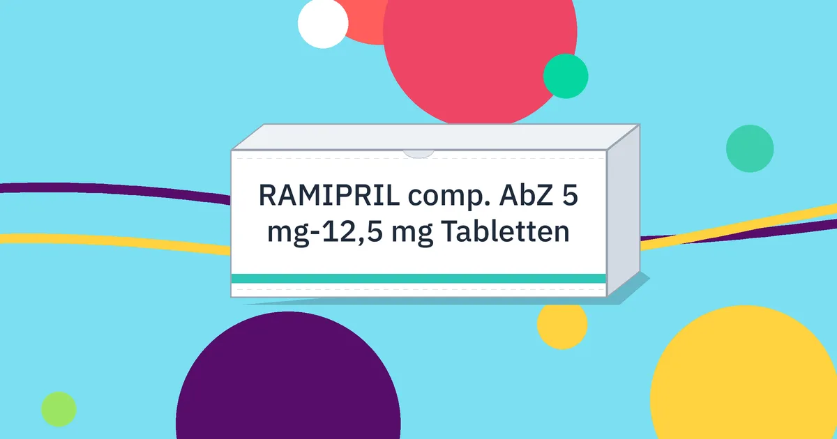 Symbolbild: Packung mit der Aufschrift RAMIPRIL comp. AbZ 5 mg-12,5 mg Tabletten (PZN 09100507) – Verfügbarkeit und Bezug in Apotheken in Frankfurt am Main