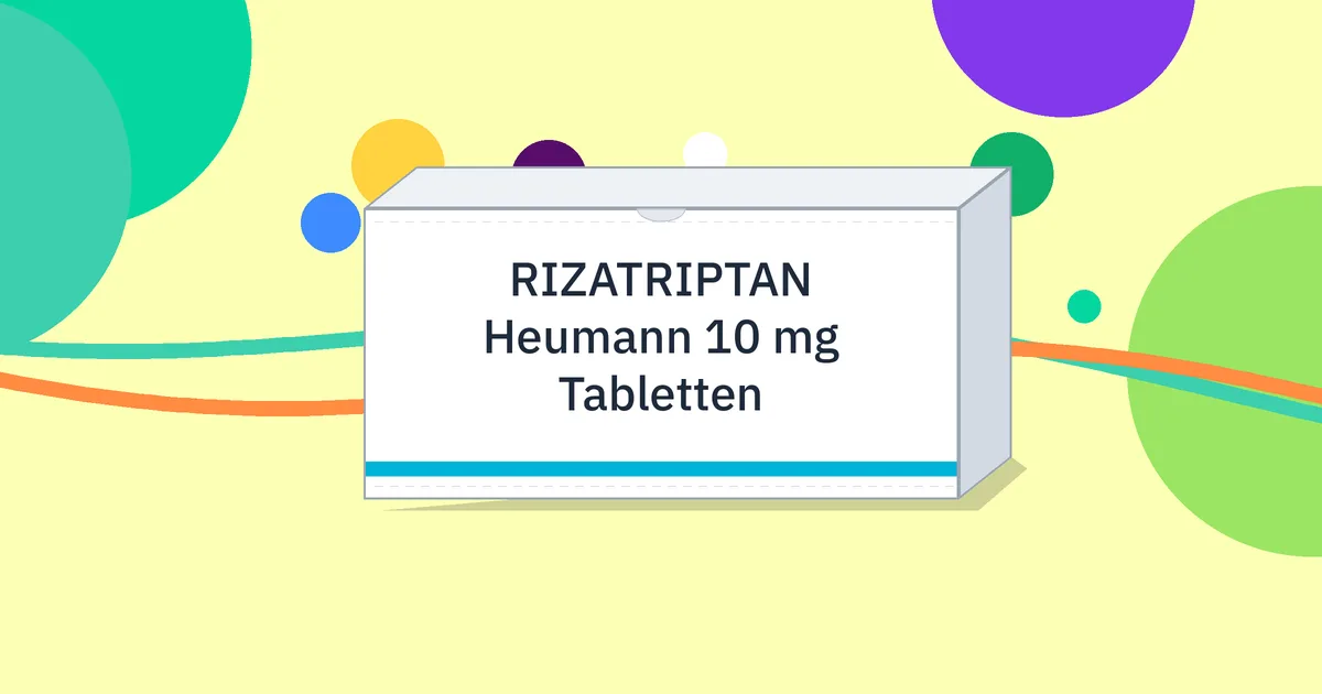Symbolbild: Packung mit der Aufschrift RIZATRIPTAN Heumann 10 mg Tabletten (PZN 11871324) – Verfügbarkeit und Bezug in Apotheken in Frankfurt am Main