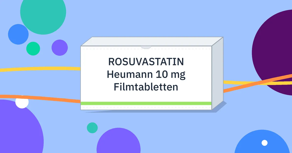 Symbolbild: Packung mit der Aufschrift ROSUVASTATIN Heumann 10 mg Filmtabletten (PZN 12397379) – Verfügbarkeit und Bezug in Apotheken in Frankfurt am Main