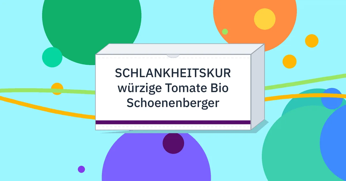 Symbolbild: Packung mit der Aufschrift SCHLANKHEITSKUR würzige Tomate Bio Schoenenberger (PZN 19398442) – Verfügbarkeit und Bezug in Apotheken in Frankfurt am Main