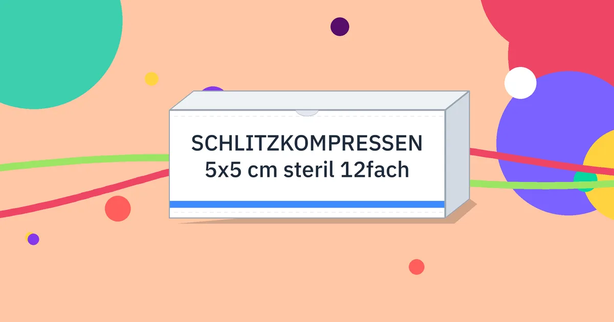 Symbolbild: Packung mit der Aufschrift SCHLITZKOMPRESSEN 5x5 cm steril 12fach (PZN 08888976) – Verfügbarkeit und Bezug in Apotheken in Frankfurt am Main