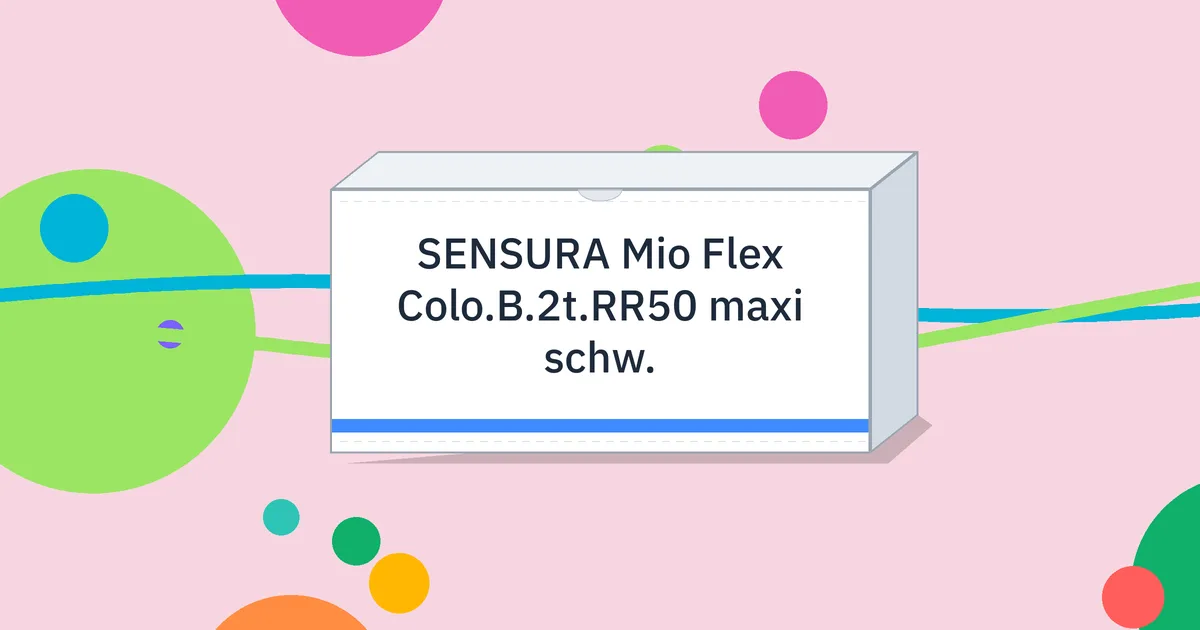 Symbolbild: Packung mit der Aufschrift SENSURA Mio Flex Colo.B.2t.RR50 maxi schw. (PZN 20323461) – Verfügbarkeit und Bezug in Apotheken in Frankfurt am Main