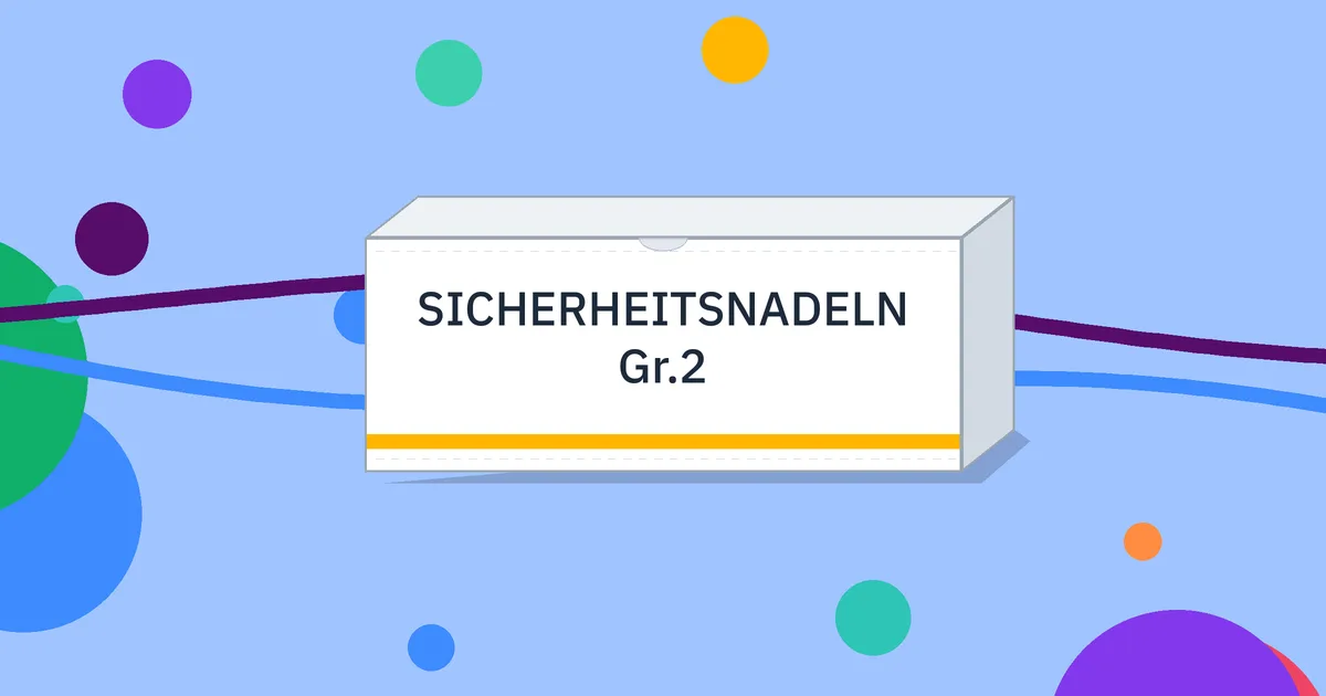 Symbolbild: Packung mit der Aufschrift SICHERHEITSNADELN Gr.2 (PZN 07250786) – Verfügbarkeit und Bezug in Apotheken in Frankfurt am Main