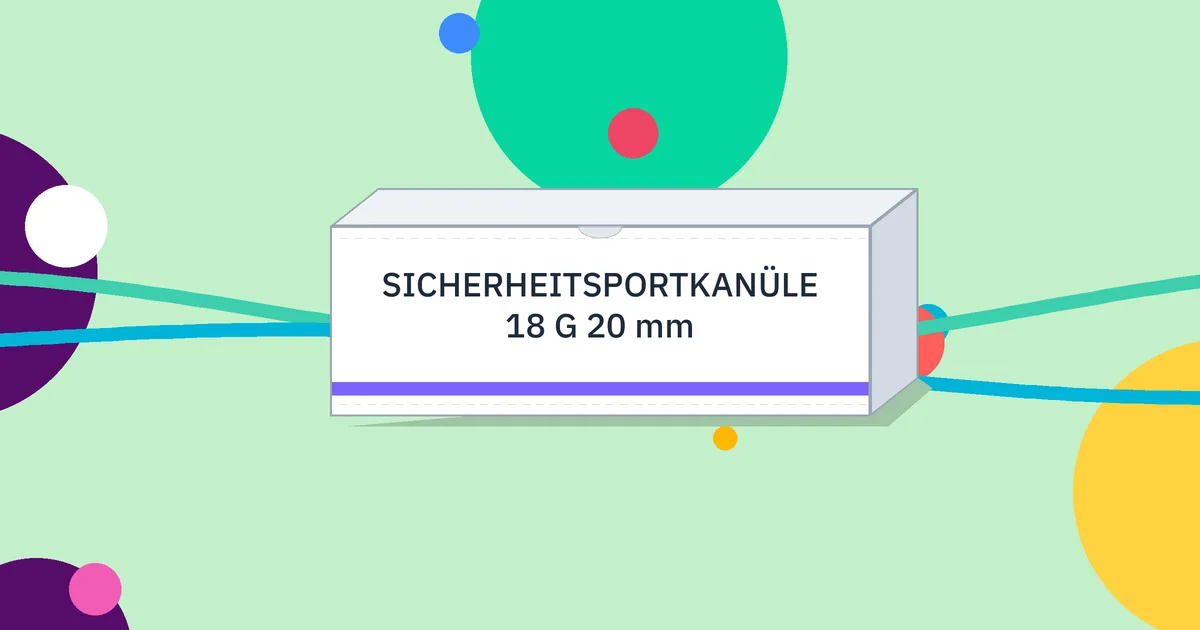 Symbolbild: Packung mit der Aufschrift SICHERHEITSPORTKANÜLE 18 G 20 mm (PZN 08779833) – Verfügbarkeit und Bezug in Apotheken in Frankfurt am Main