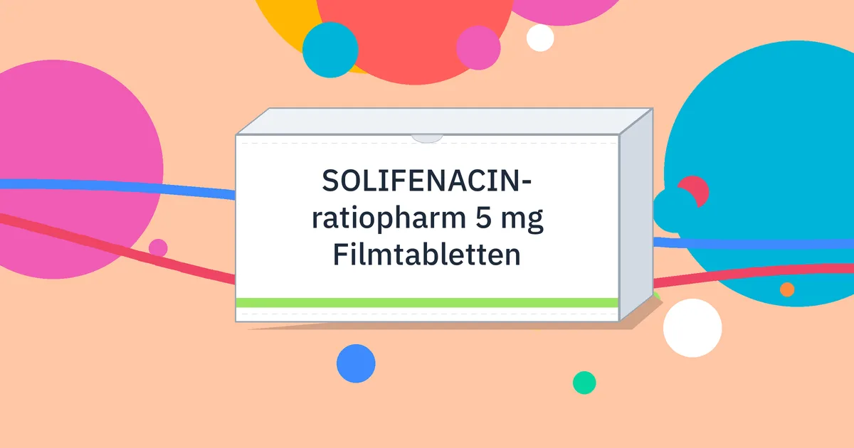 Symbolbild: Packung mit der Aufschrift SOLIFENACIN-ratiopharm 5 mg Filmtabletten (PZN 14323818) – Verfügbarkeit und Bezug in Apotheken in Frankfurt am Main