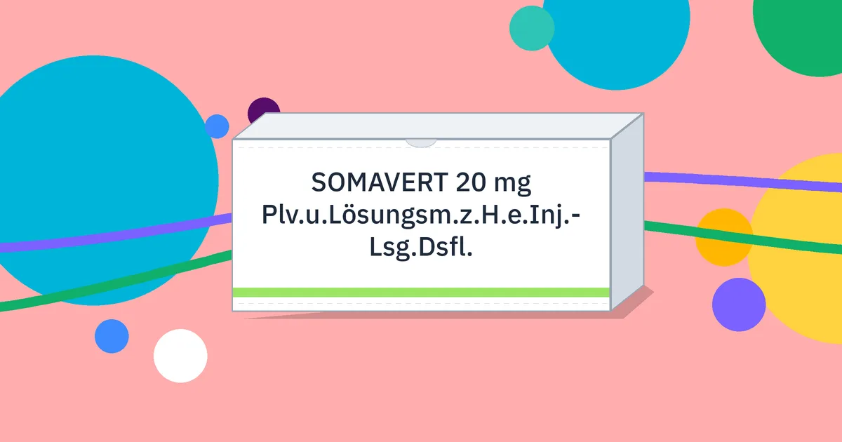 Symbolbild: Packung mit der Aufschrift SOMAVERT 20 mg Plv.u.Lösungsm.z.H.e.Inj.-Lsg.Dsfl. (PZN 13155922) – Verfügbarkeit und Bezug in Apotheken in Frankfurt am Main